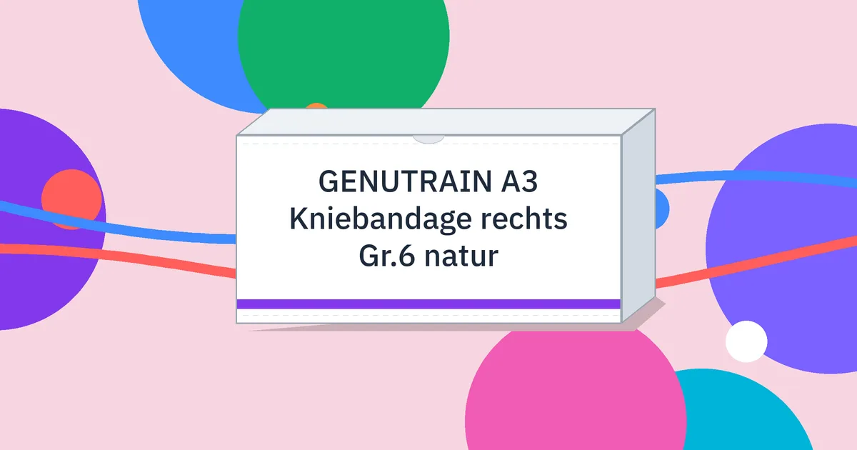 Symbolbild: Packung mit der Aufschrift GENUTRAIN A3 Kniebandage rechts Gr.6 natur (PZN 01071692) – Verfügbarkeit und Bezug in Apotheken in Frankfurt am Main