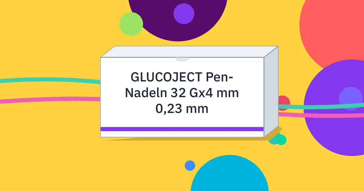 Symbolbild: Packung mit der Aufschrift GLUCOJECT Pen-Nadeln 32 Gx4 mm 0,23 mm (PZN 18721036) – Verfügbarkeit und Bezug in Apotheken in Frankfurt am Main