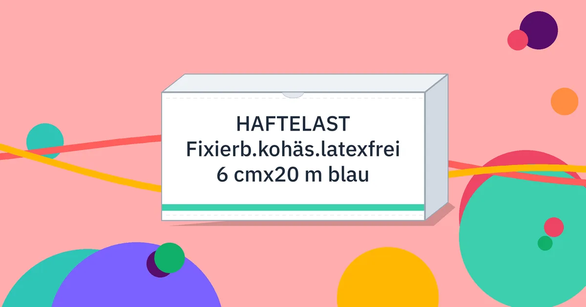 Symbolbild: Packung mit der Aufschrift HAFTELAST Fixierb.kohäs.latexfrei 6 cmx20 m blau (PZN 15998257) – Verfügbarkeit und Bezug in Apotheken in Frankfurt am Main