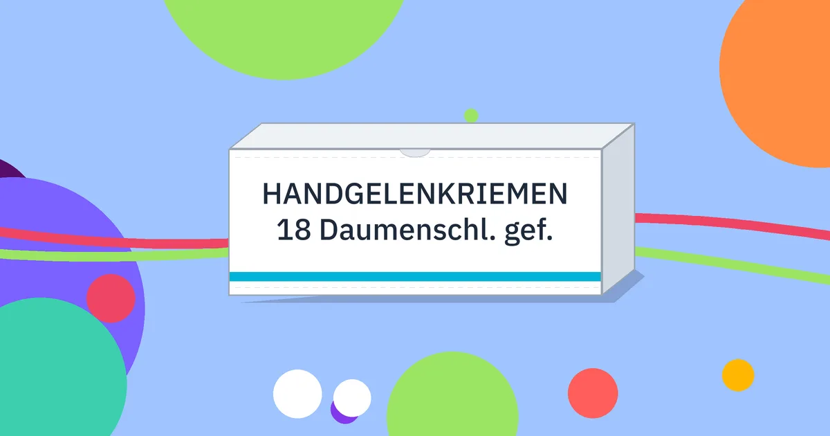Symbolbild: Packung mit der Aufschrift HANDGELENKRIEMEN 18 Daumenschl. gef. (PZN 02387925) – Verfügbarkeit und Bezug in Apotheken in Frankfurt am Main