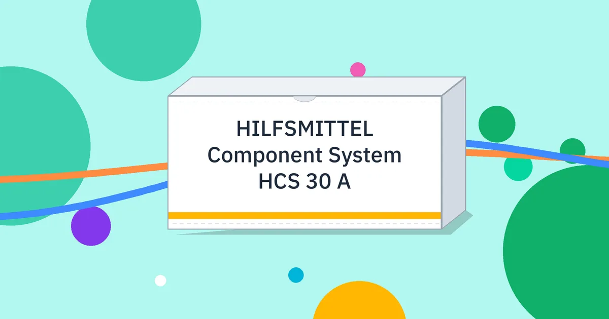 Symbolbild: Packung mit der Aufschrift HILFSMITTEL Component System HCS 30 A (PZN 05354688) – Verfügbarkeit und Bezug in Apotheken in Frankfurt am Main