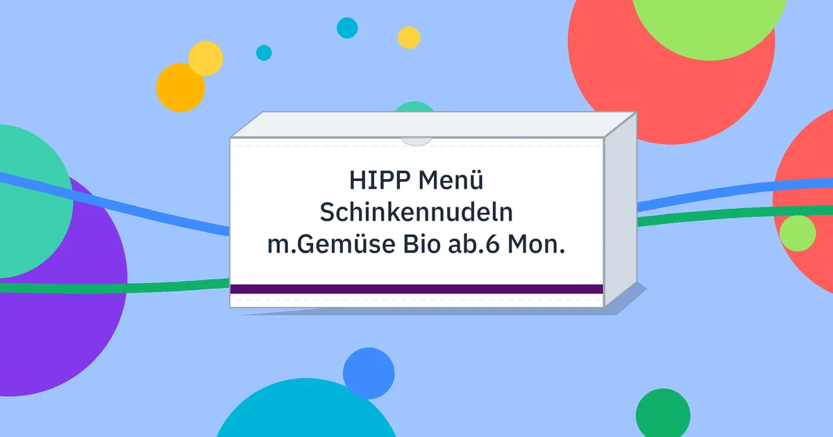 Symbolbild: Packung mit der Aufschrift HIPP Menü Schinkennudeln m.Gemüse Bio ab.6 Mon. (PZN 19543275) – Verfügbarkeit und Bezug in Apotheken in Frankfurt am Main