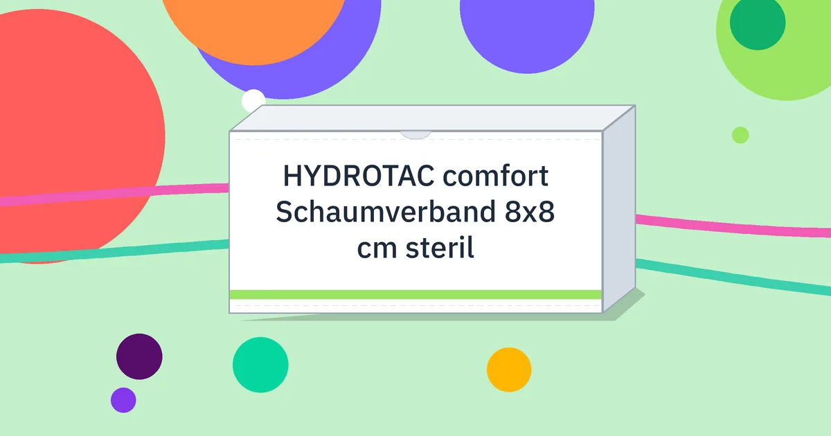 Symbolbild: Packung mit der Aufschrift HYDROTAC comfort Schaumverband 8x8 cm steril (PZN 19701277) – Verfügbarkeit und Bezug in Apotheken in Frankfurt am Main