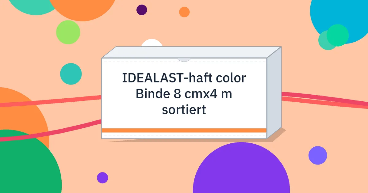 Symbolbild: Packung mit der Aufschrift IDEALAST-haft color Binde 8 cmx4 m sortiert (PZN 12579436) – Verfügbarkeit und Bezug in Apotheken in Frankfurt am Main