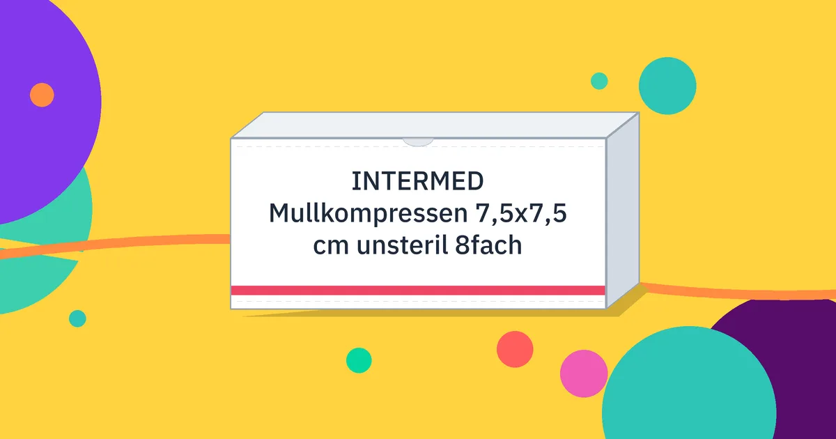 Symbolbild: Packung mit der Aufschrift INTERMED Mullkompressen 7,5x7,5 cm unsteril 8fach (PZN 02720307) – Verfügbarkeit und Bezug in Apotheken in Frankfurt am Main