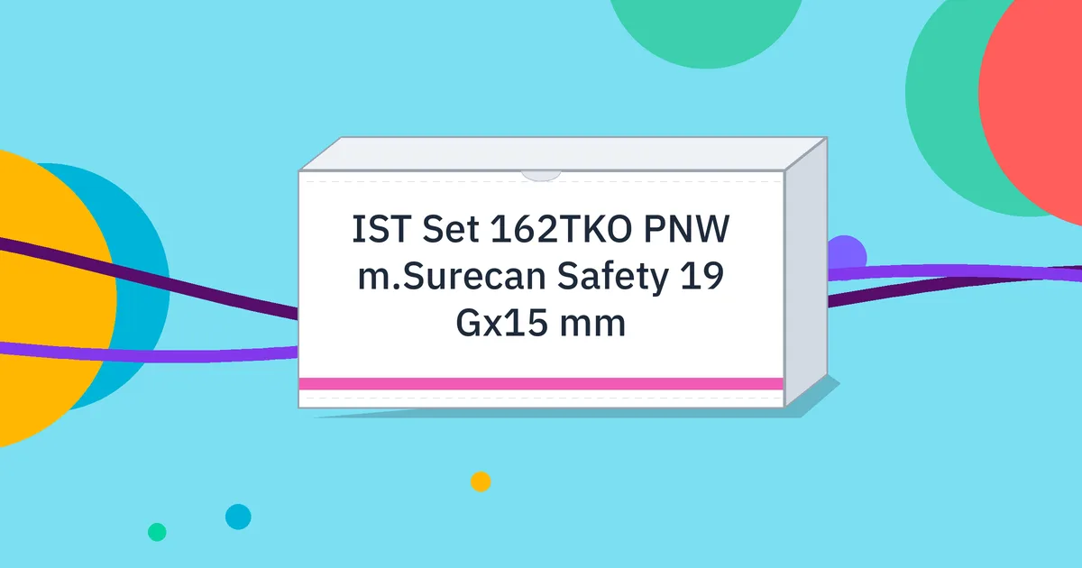 Symbolbild: Packung mit der Aufschrift IST Set 162TKO PNW m.Surecan Safety 19 Gx15 mm (PZN 13332850) – Verfügbarkeit und Bezug in Apotheken in Frankfurt am Main
