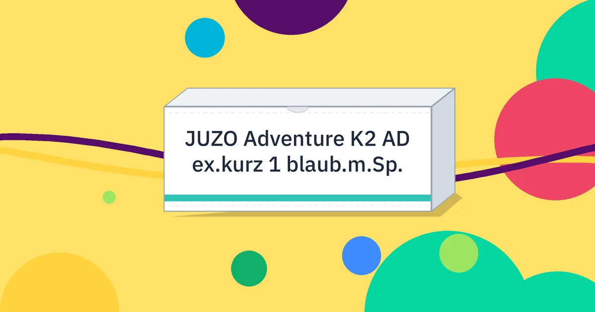 Symbolbild: Packung mit der Aufschrift JUZO Adventure K2 AD ex.kurz 1 blaub.m.Sp. (PZN 16346249) – Verfügbarkeit und Bezug in Apotheken in Frankfurt am Main