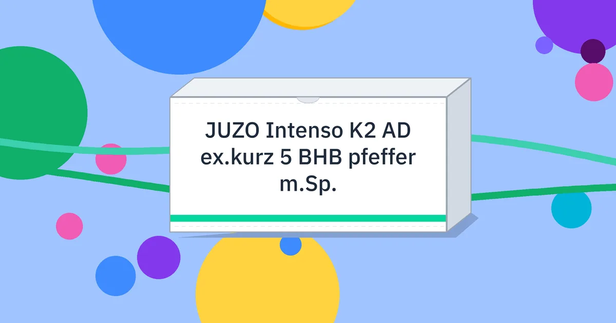 Symbolbild: Packung mit der Aufschrift JUZO Intenso K2 AD ex.kurz 5 BHB pfeffer m.Sp. (PZN 18614949) – Verfügbarkeit und Bezug in Apotheken in Frankfurt am Main