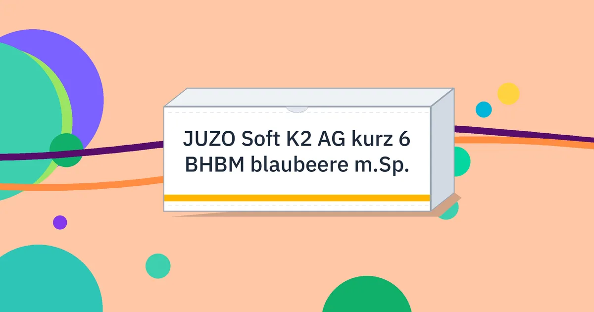 Symbolbild: Packung mit der Aufschrift JUZO Soft K2 AG kurz 6 BHBM blaubeere m.Sp. (PZN 14859737) – Verfügbarkeit und Bezug in Apotheken in Frankfurt am Main