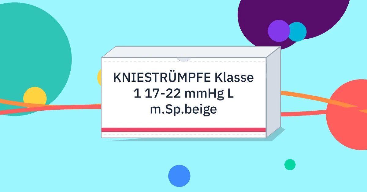 Symbolbild: Packung mit der Aufschrift KNIESTRÜMPFE Klasse 1 17-22 mmHg L m.Sp.beige (PZN 19072261) – Verfügbarkeit und Bezug in Apotheken in Frankfurt am Main