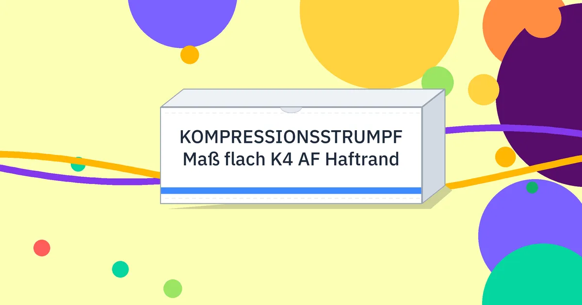 Symbolbild: Packung mit der Aufschrift KOMPRESSIONSSTRUMPF Maß flach K4 AF Haftrand (PZN 16745222) – Verfügbarkeit und Bezug in Apotheken in Frankfurt am Main