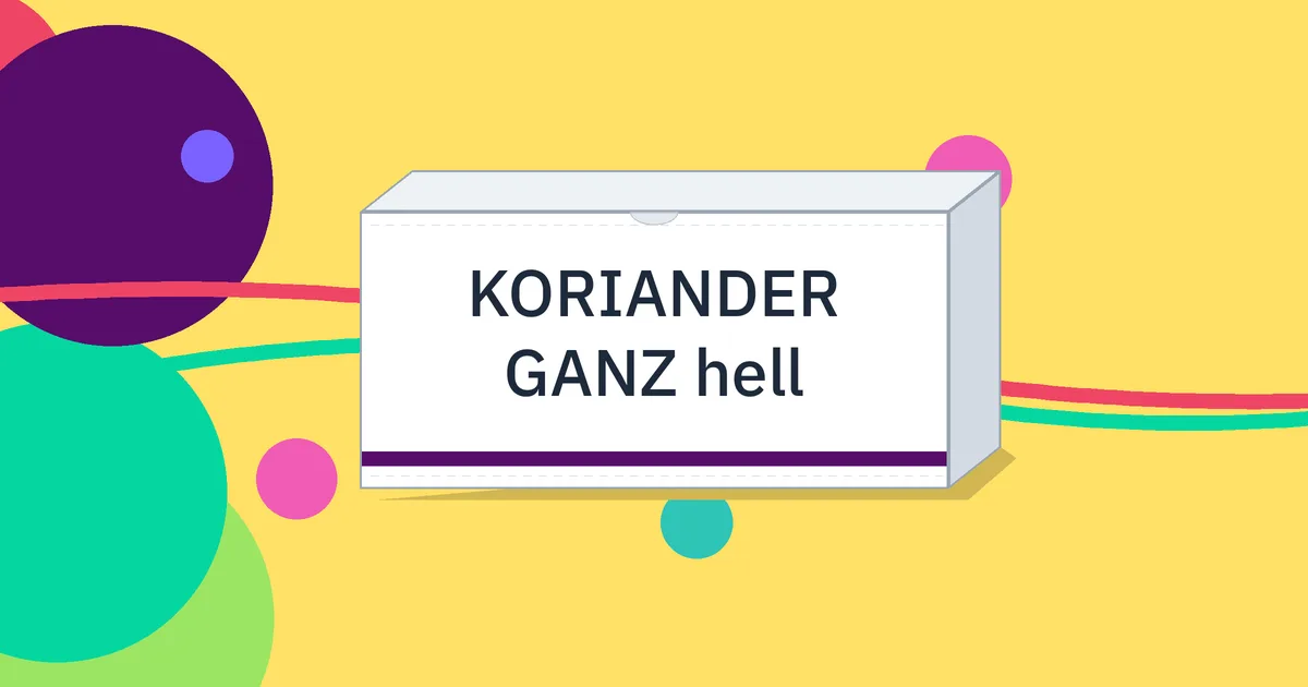 Symbolbild: Packung mit der Aufschrift KORIANDER GANZ hell (PZN 10023858) – Verfügbarkeit und Bezug in Apotheken in Frankfurt am Main