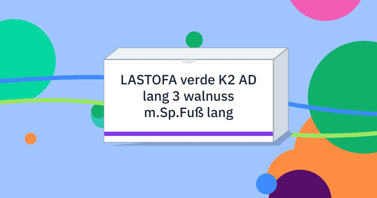 Symbolbild: Packung mit der Aufschrift LASTOFA verde K2 AD lang 3 walnuss m.Sp.Fuß lang (PZN 16721747) – Verfügbarkeit und Bezug in Apotheken in Frankfurt am Main