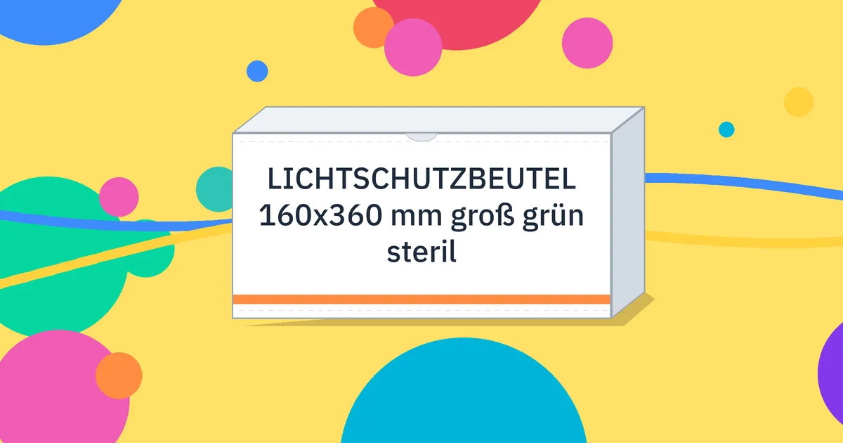 Symbolbild: Packung mit der Aufschrift LICHTSCHUTZBEUTEL 160x360 mm groß grün steril (PZN 19885805) – Verfügbarkeit und Bezug in Apotheken in Frankfurt am Main