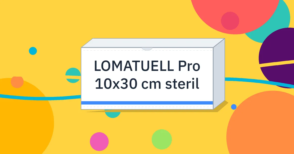 Symbolbild: Packung mit der Aufschrift LOMATUELL Pro 10x30 cm steril (PZN 20189301) – Verfügbarkeit und Bezug in Apotheken in Frankfurt am Main