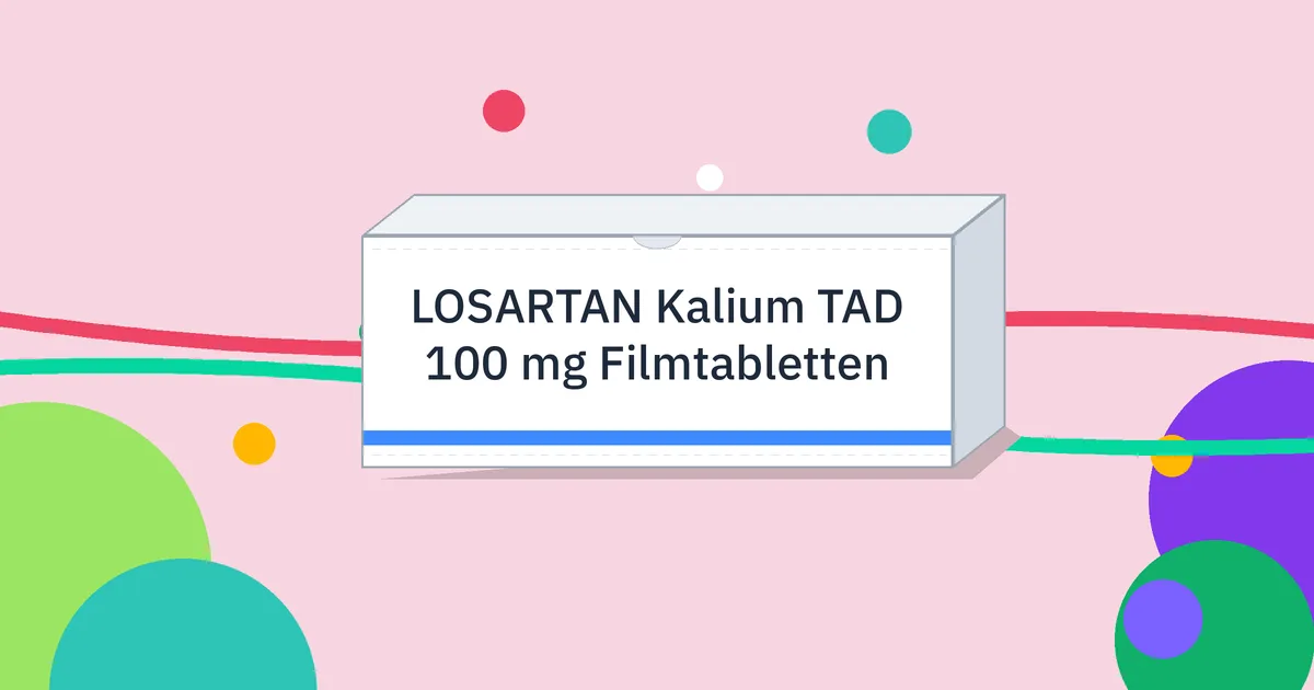 Symbolbild: Packung mit der Aufschrift LOSARTAN Kalium TAD 100 mg Filmtabletten (PZN 09191622) – Verfügbarkeit und Bezug in Apotheken in Frankfurt am Main