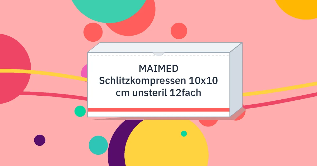 Symbolbild: Packung mit der Aufschrift MAIMED Schlitzkompressen 10x10 cm unsteril 12fach (PZN 02299836) – Verfügbarkeit und Bezug in Apotheken in Frankfurt am Main