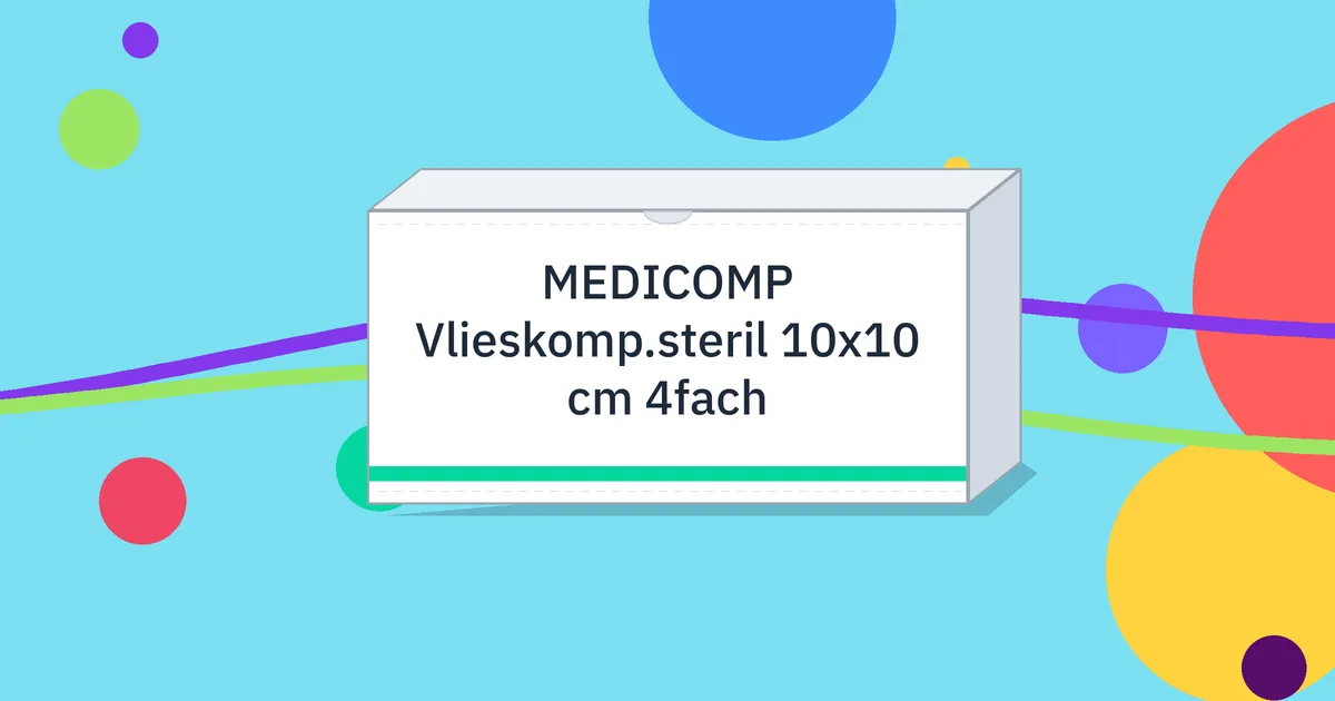 Symbolbild: Packung mit der Aufschrift MEDICOMP Vlieskomp.steril 10x10 cm 4fach (PZN 17578312) – Verfügbarkeit und Bezug in Apotheken in Frankfurt am Main