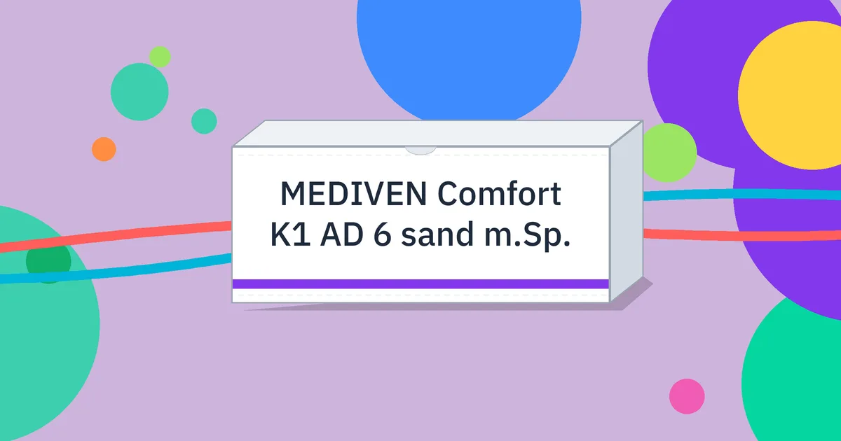 Symbolbild: Packung mit der Aufschrift MEDIVEN Comfort K1 AD 6 sand m.Sp. (PZN 19005796) – Verfügbarkeit und Bezug in Apotheken in Frankfurt am Main