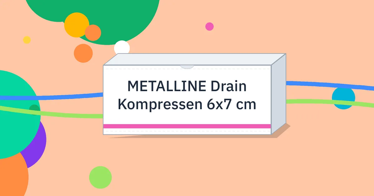 Symbolbild: Packung mit der Aufschrift METALLINE Drain Kompressen 6x7 cm (PZN 17311483) – Verfügbarkeit und Bezug in Apotheken in Frankfurt am Main