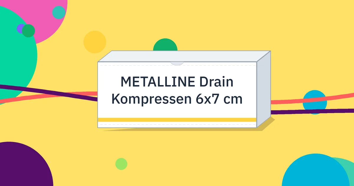 Symbolbild: Packung mit der Aufschrift METALLINE Drain Kompressen 6x7 cm (PZN 18373492) – Verfügbarkeit und Bezug in Apotheken in Frankfurt am Main