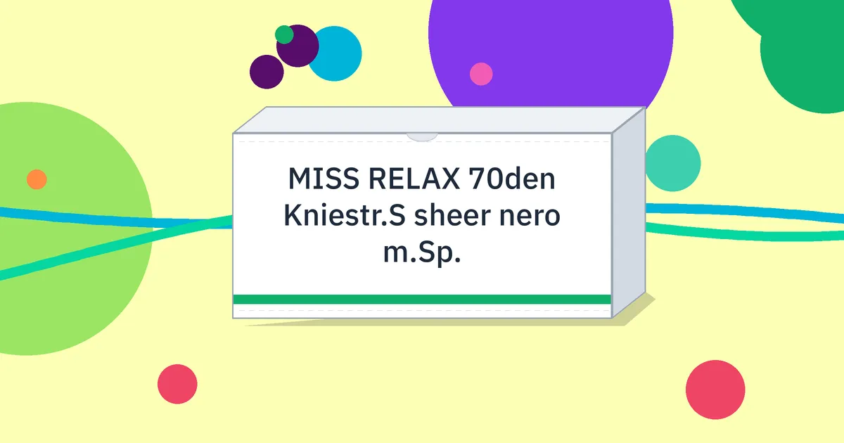 Symbolbild: Packung mit der Aufschrift MISS RELAX 70den Kniestr.S sheer nero m.Sp. (PZN 04270297) – Verfügbarkeit und Bezug in Apotheken in Frankfurt am Main