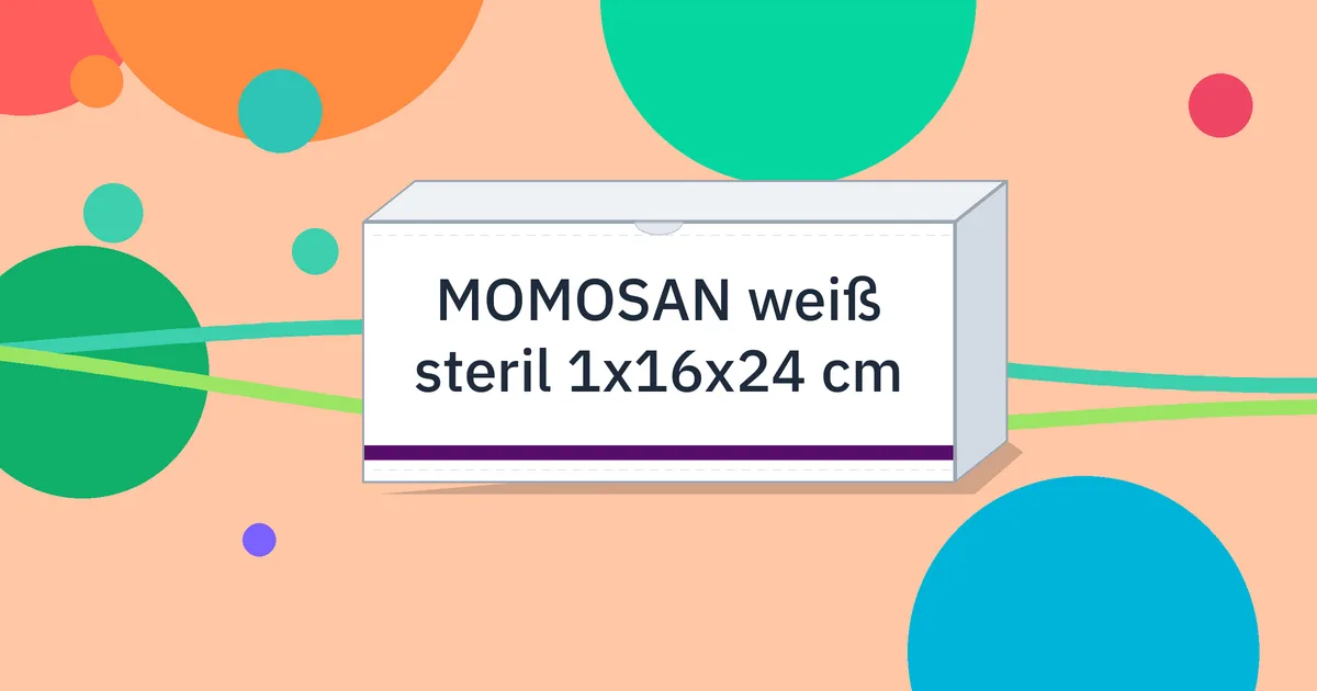Symbolbild: Packung mit der Aufschrift MOMOSAN weiß steril 1x16x24 cm (PZN 01651811) – Verfügbarkeit und Bezug in Apotheken in Frankfurt am Main