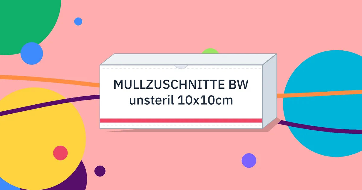 Symbolbild: Packung mit der Aufschrift MULLZUSCHNITTE BW unsteril 10x10cm (PZN 04356099) – Verfügbarkeit und Bezug in Apotheken in Frankfurt am Main