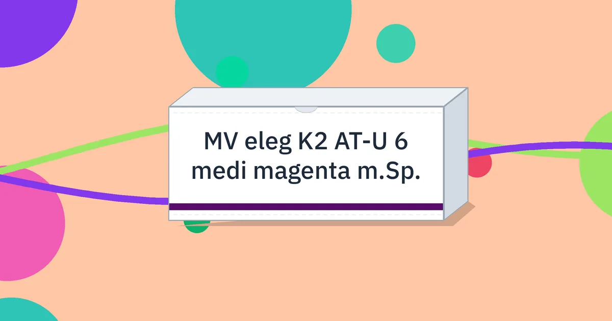 Symbolbild: Packung mit der Aufschrift MV eleg K2 AT-U 6 medi magenta m.Sp. (PZN 15290498) – Verfügbarkeit und Bezug in Apotheken in Frankfurt am Main