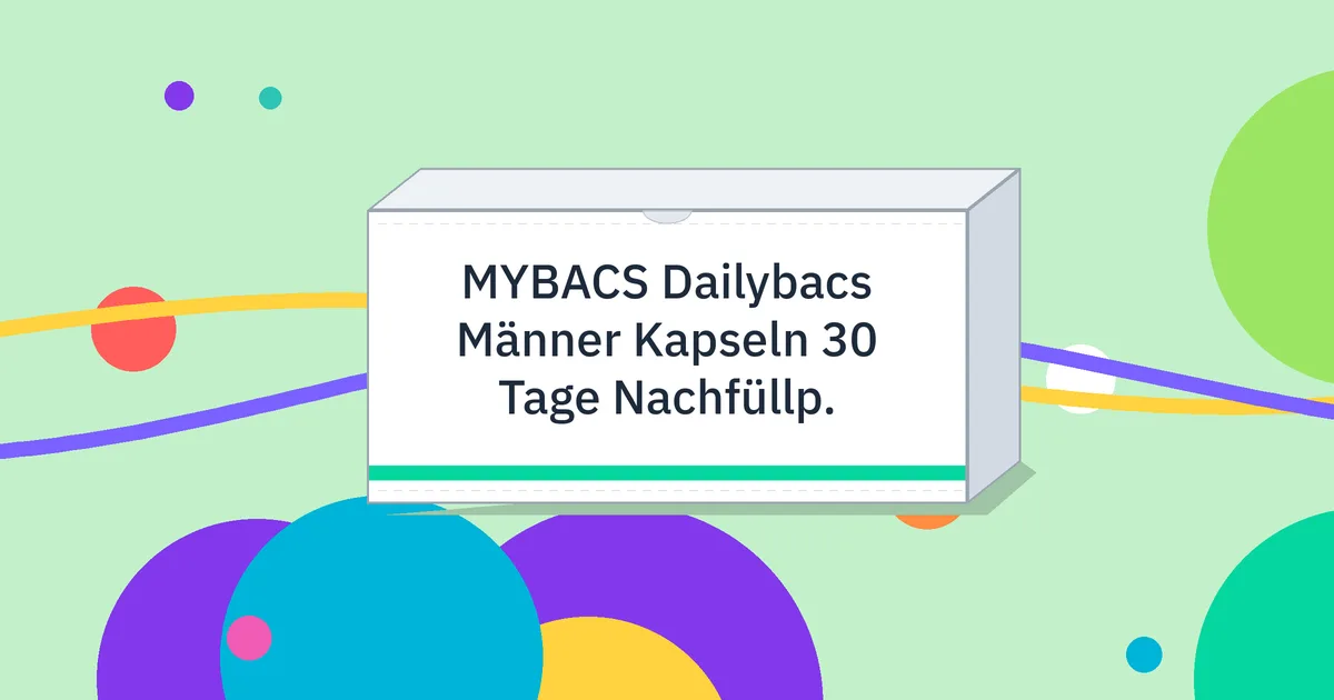 Symbolbild: Packung mit der Aufschrift MYBACS Dailybacs Männer Kapseln 30 Tage Nachfüllp. (PZN 18244843) – Verfügbarkeit und Bezug in Apotheken in Frankfurt am Main