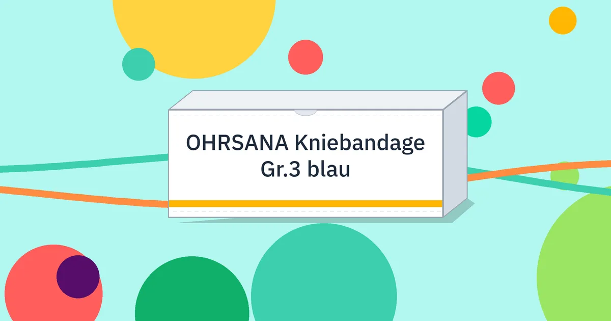 Symbolbild: Packung mit der Aufschrift OHRSANA Kniebandage Gr.3 blau (PZN 03797246) – Verfügbarkeit und Bezug in Apotheken in Frankfurt am Main