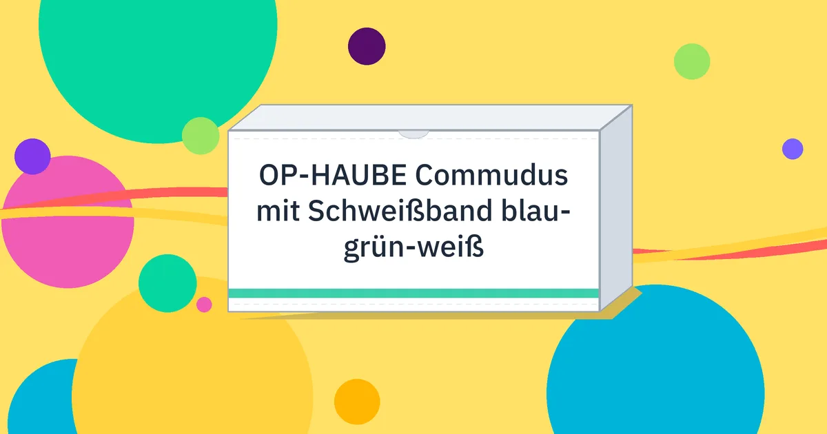 Symbolbild: Packung mit der Aufschrift OP-HAUBE Commudus mit Schweißband blau-grün-weiß (PZN 16061015) – Verfügbarkeit und Bezug in Apotheken in Frankfurt am Main