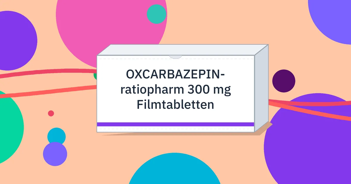 Symbolbild: Packung mit der Aufschrift OXCARBAZEPIN-ratiopharm 300 mg Filmtabletten (PZN 06055226) – Verfügbarkeit und Bezug in Apotheken in Frankfurt am Main