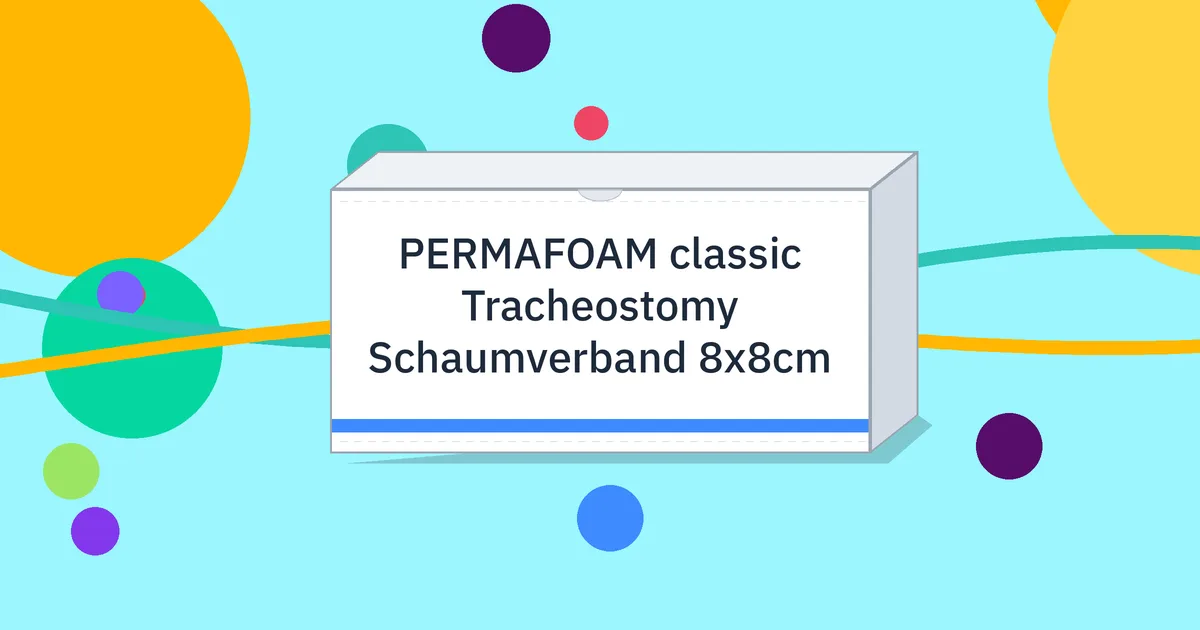 Symbolbild: Packung mit der Aufschrift PERMAFOAM classic Tracheostomy Schaumverband 8x8cm (PZN 16728991) – Verfügbarkeit und Bezug in Apotheken in Frankfurt am Main