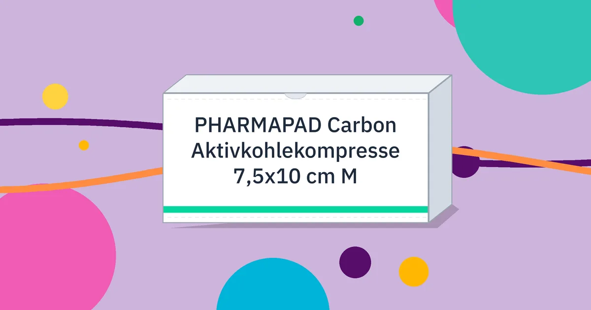 Symbolbild: Packung mit der Aufschrift PHARMAPAD Carbon Aktivkohlekompresse 7,5x10 cm M (PZN 19364880) – Verfügbarkeit und Bezug in Apotheken in Frankfurt am Main