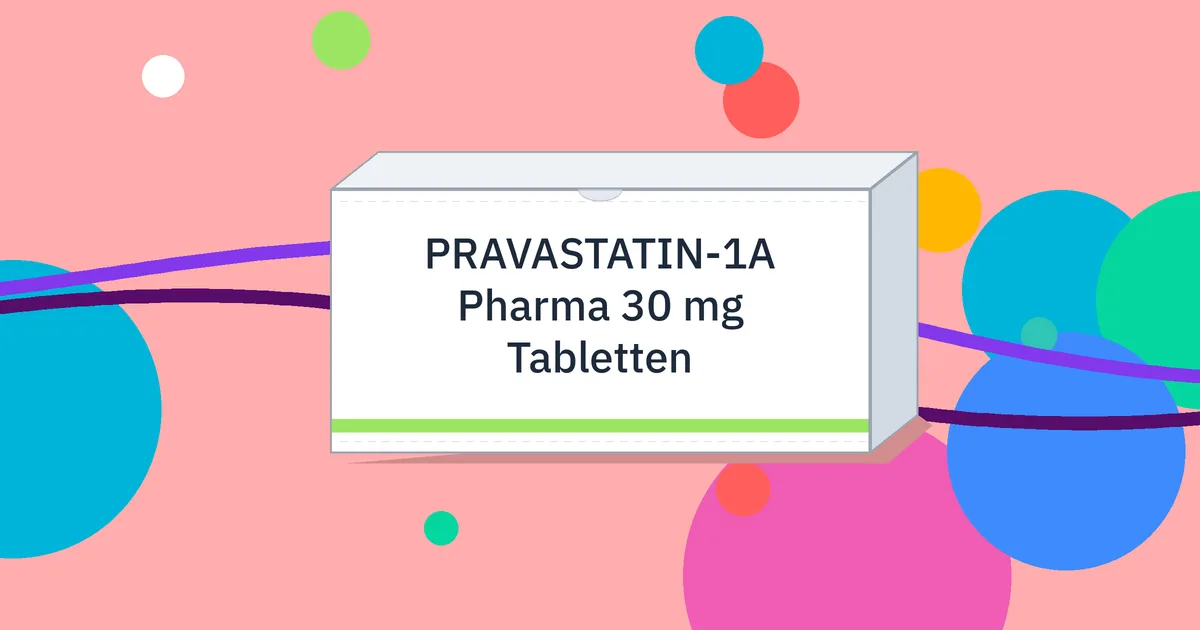 Symbolbild: Packung mit der Aufschrift PRAVASTATIN-1A Pharma 30 mg Tabletten (PZN 05108564) – Verfügbarkeit und Bezug in Apotheken in Frankfurt am Main