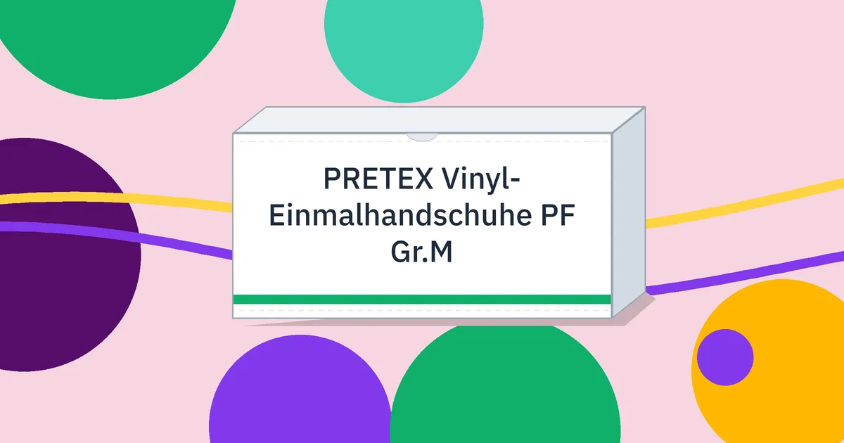 Symbolbild: Packung mit der Aufschrift PRETEX Vinyl-Einmalhandschuhe PF Gr.M (PZN 14358030) – Verfügbarkeit und Bezug in Apotheken in Frankfurt am Main
