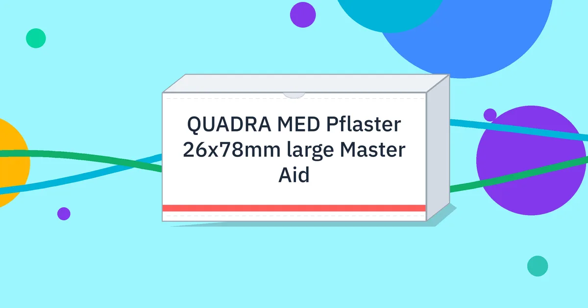 Symbolbild: Packung mit der Aufschrift QUADRA MED Pflaster 26x78mm large Master Aid (PZN 20047570) – Verfügbarkeit und Bezug in Apotheken in Frankfurt am Main