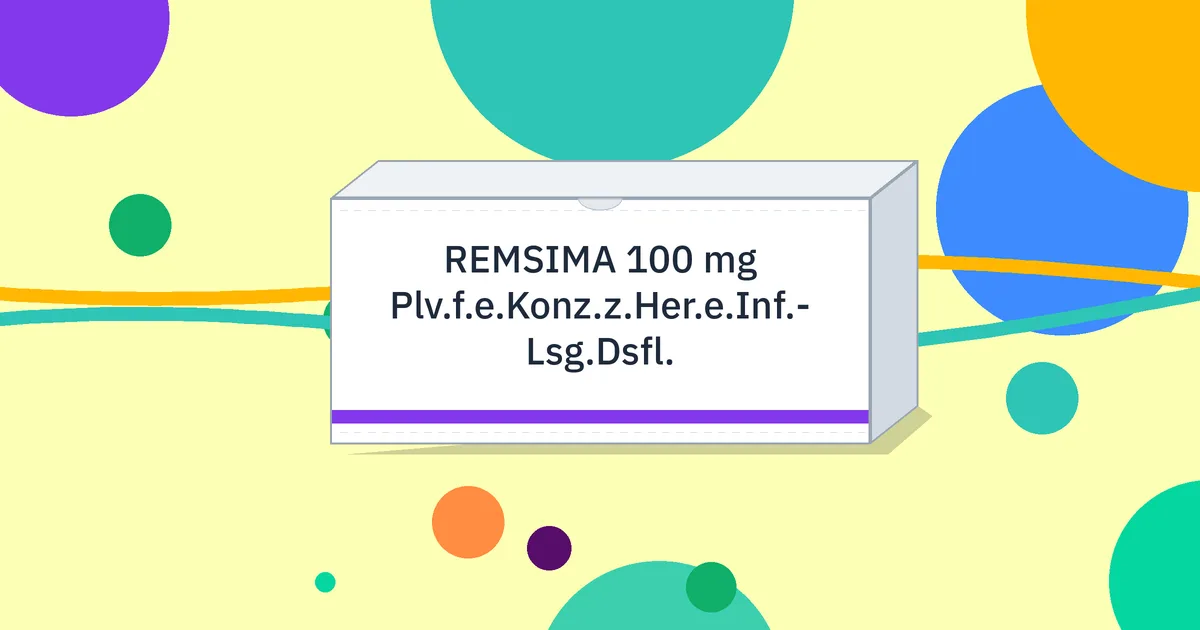 Symbolbild: Packung mit der Aufschrift REMSIMA 100 mg Plv.f.e.Konz.z.Her.e.Inf.-Lsg.Dsfl. (PZN 16799034) – Verfügbarkeit und Bezug in Apotheken in Frankfurt am Main