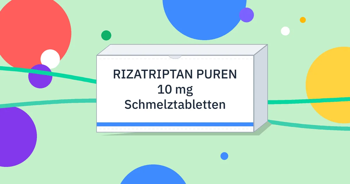 Symbolbild: Packung mit der Aufschrift RIZATRIPTAN PUREN 10 mg Schmelztabletten (PZN 14299221) – Verfügbarkeit und Bezug in Apotheken in Frankfurt am Main