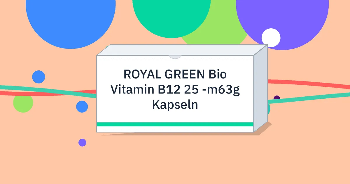 Symbolbild: Packung mit der Aufschrift ROYAL GREEN Bio Vitamin B12 25 -m63g Kapseln (PZN 20175718) – Verfügbarkeit und Bezug in Apotheken in Frankfurt am Main