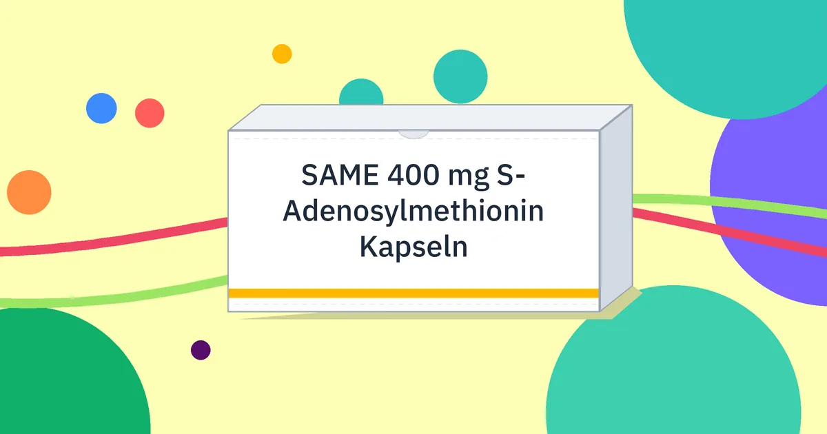 Symbolbild: Packung mit der Aufschrift SAME 400 mg S-Adenosylmethionin Kapseln (PZN 09901408) – Verfügbarkeit und Bezug in Apotheken in Frankfurt am Main