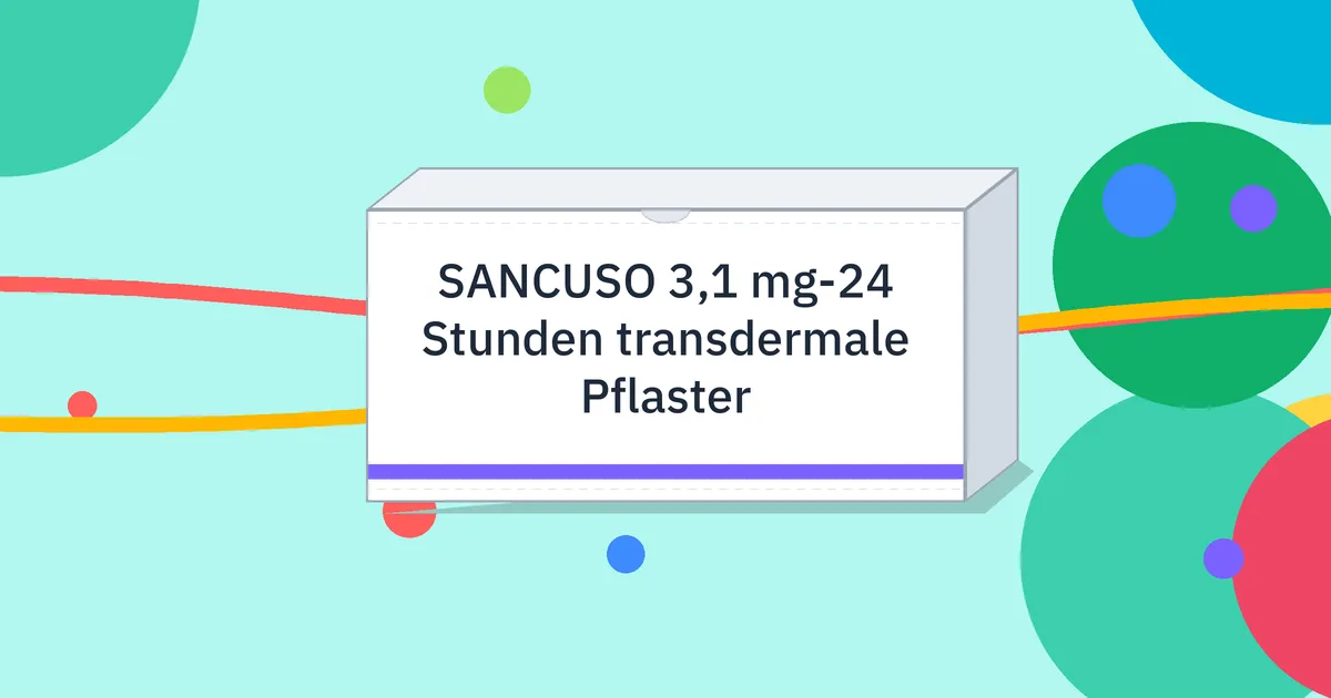 Symbolbild: Packung mit der Aufschrift SANCUSO 3,1 mg-24 Stunden transdermale Pflaster (PZN 04529134) – Verfügbarkeit und Bezug in Apotheken in Frankfurt am Main