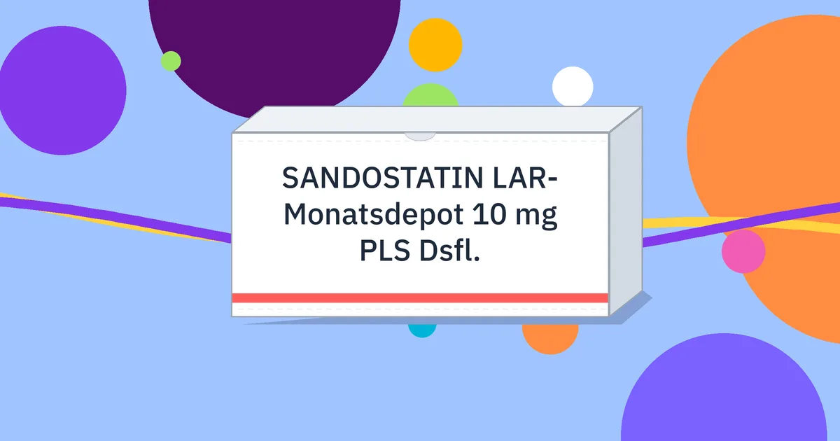 Symbolbild: Packung mit der Aufschrift SANDOSTATIN LAR-Monatsdepot 10 mg PLS Dsfl. (PZN 19396265) – Verfügbarkeit und Bezug in Apotheken in Frankfurt am Main
