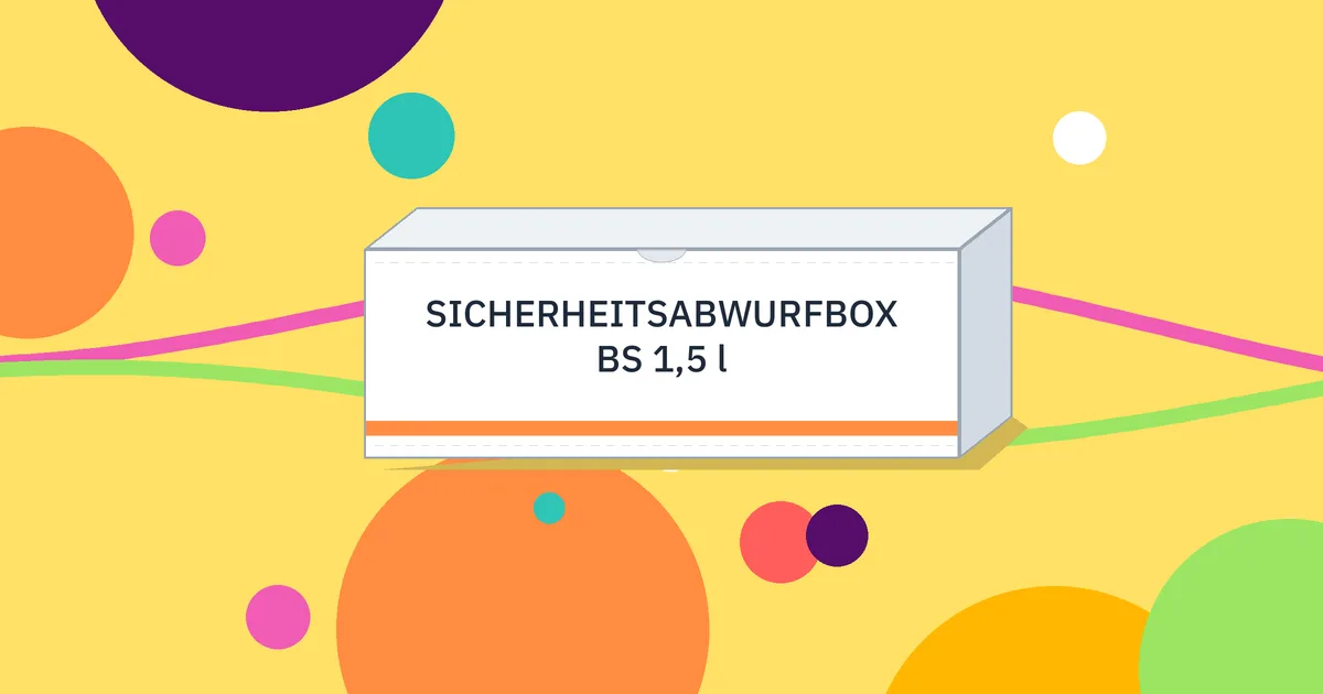 Symbolbild: Packung mit der Aufschrift SICHERHEITSABWURFBOX BS 1,5 l (PZN 09106869) – Verfügbarkeit und Bezug in Apotheken in Frankfurt am Main