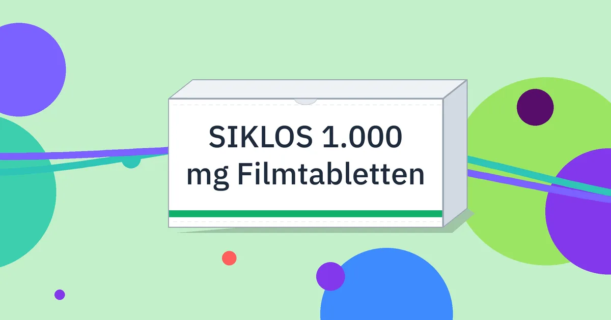 Symbolbild: Packung mit der Aufschrift SIKLOS 1.000 mg Filmtabletten (PZN 10232272) – Verfügbarkeit und Bezug in Apotheken in Frankfurt am Main