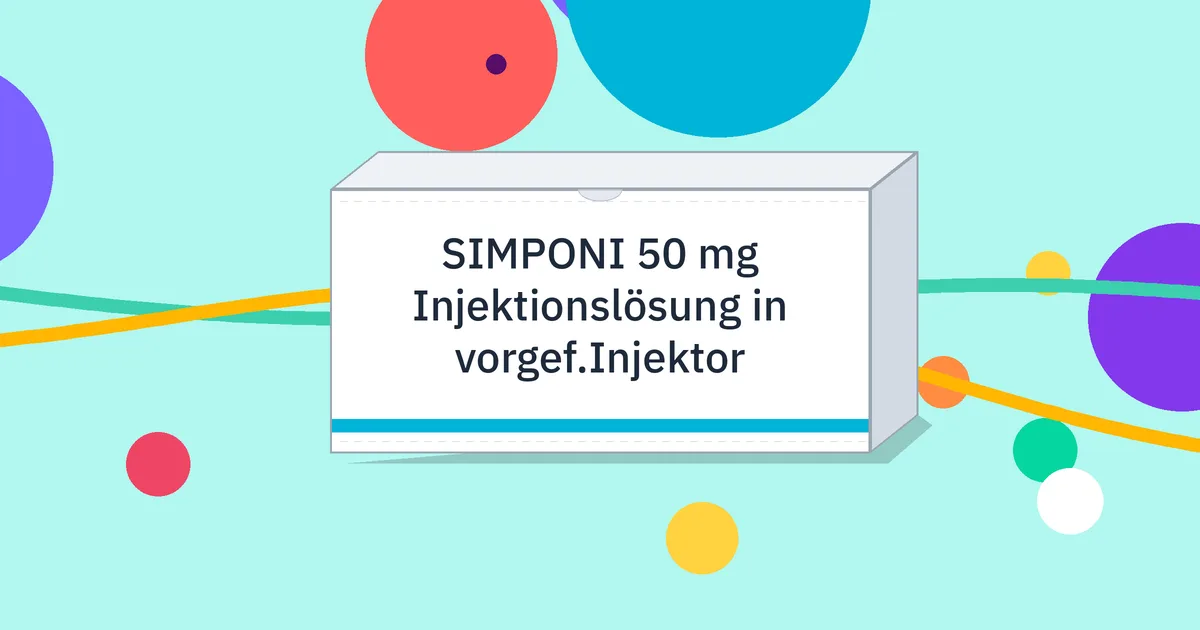 Symbolbild: Packung mit der Aufschrift SIMPONI 50 mg Injektionslösung in vorgef.Injektor (PZN 16567708) – Verfügbarkeit und Bezug in Apotheken in Frankfurt am Main