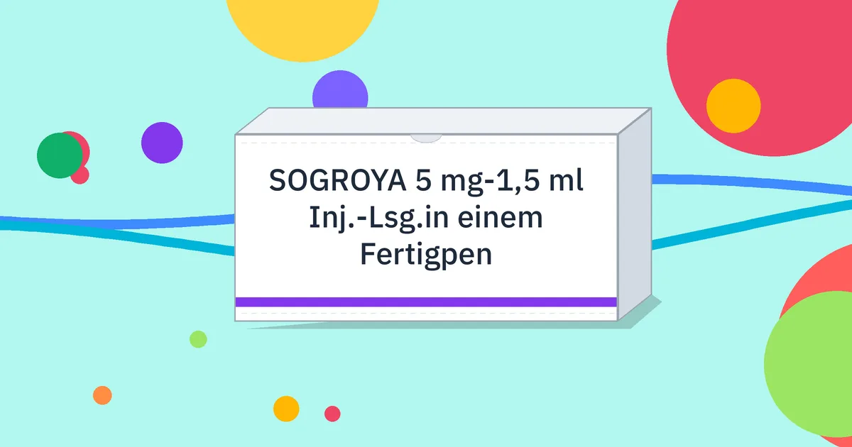Symbolbild: Packung mit der Aufschrift SOGROYA 5 mg-1,5 ml Inj.-Lsg.in einem Fertigpen (PZN 18817411) – Verfügbarkeit und Bezug in Apotheken in Frankfurt am Main