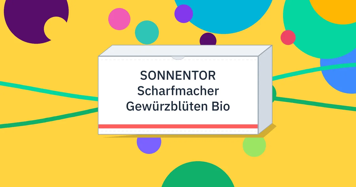 Symbolbild: Packung mit der Aufschrift SONNENTOR Scharfmacher Gewürzblüten Bio (PZN 18903234) – Verfügbarkeit und Bezug in Apotheken in Frankfurt am Main