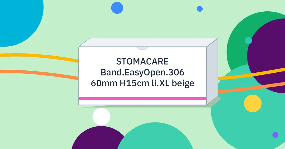 Symbolbild: Packung mit der Aufschrift STOMACARE Band.EasyOpen.306 60mm H15cm li.XL beige (PZN 07665665) – Verfügbarkeit und Bezug in Apotheken in Frankfurt am Main